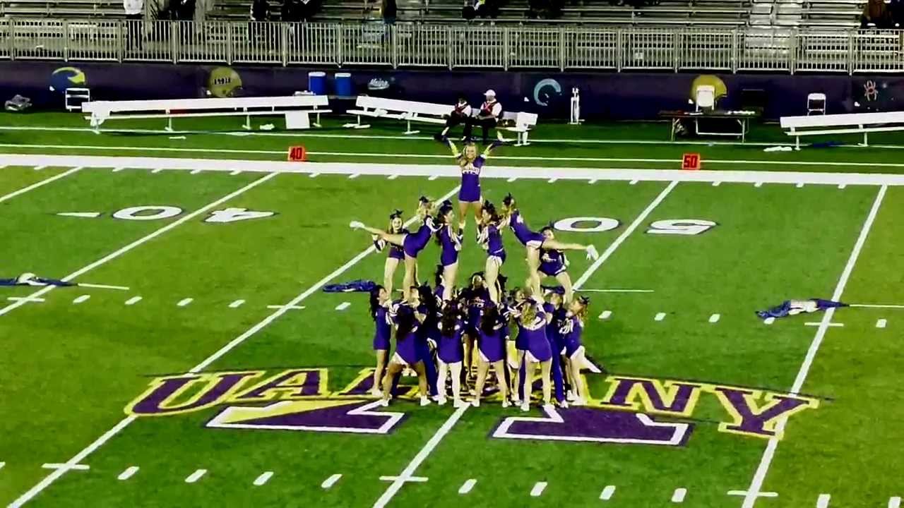 UAlbany Cheerleading on a windy night at Bob Ford Field - YouTube