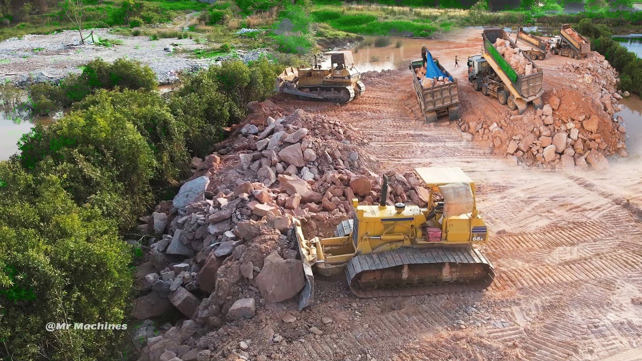 Part 17| Mighty Bulldozer Move Big Stone, Dump Truck Dumping Rock Stone ...