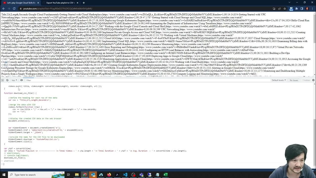 Export YouTube playlist to CSV with Google Chrome Developer Console - YouTube