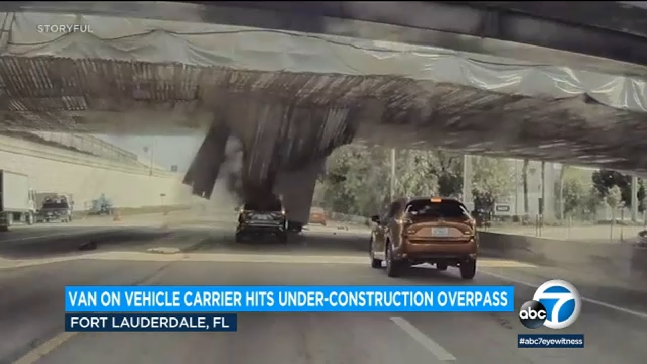 Van on vehicle carrier hits under-construction overpass | ABC7 - YouTube