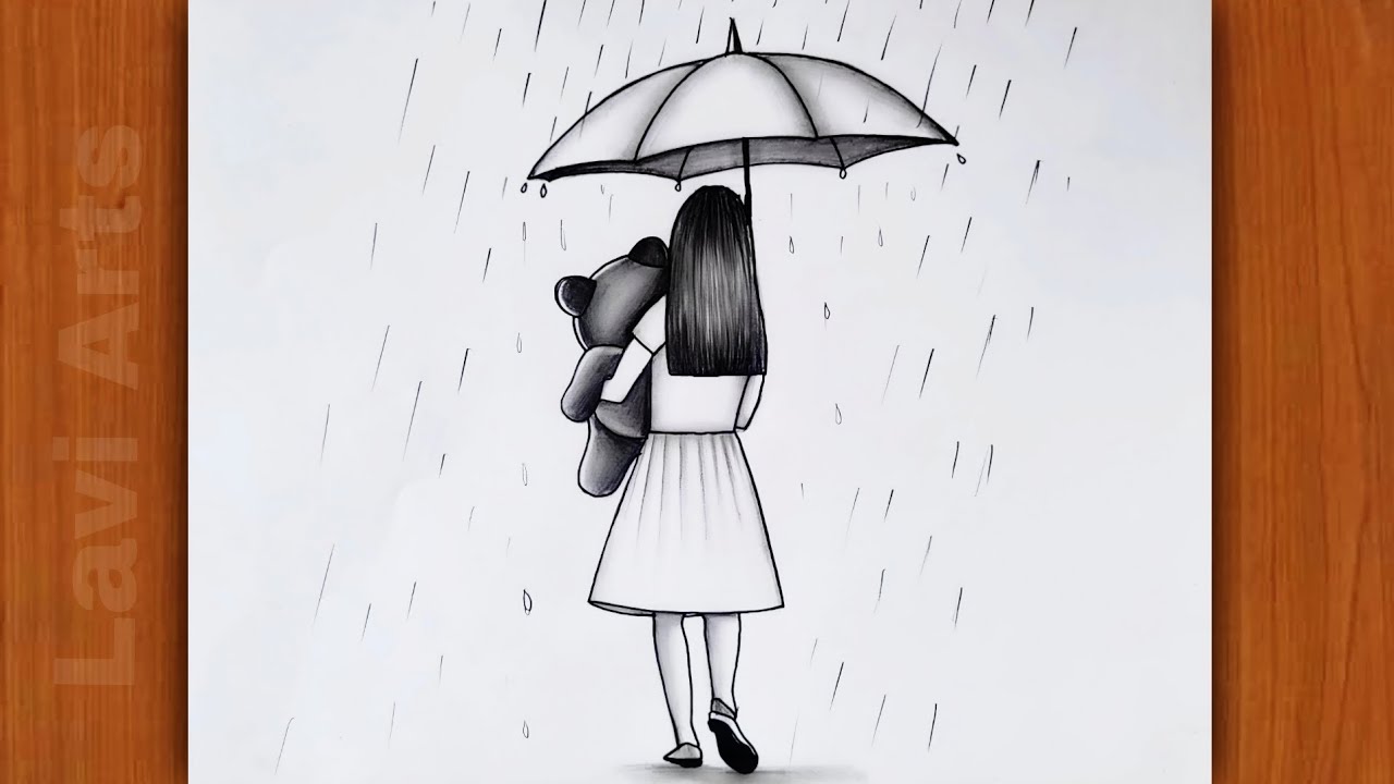 How to draw a girl with umbrella and teddy bear | Rainy season drawing ...