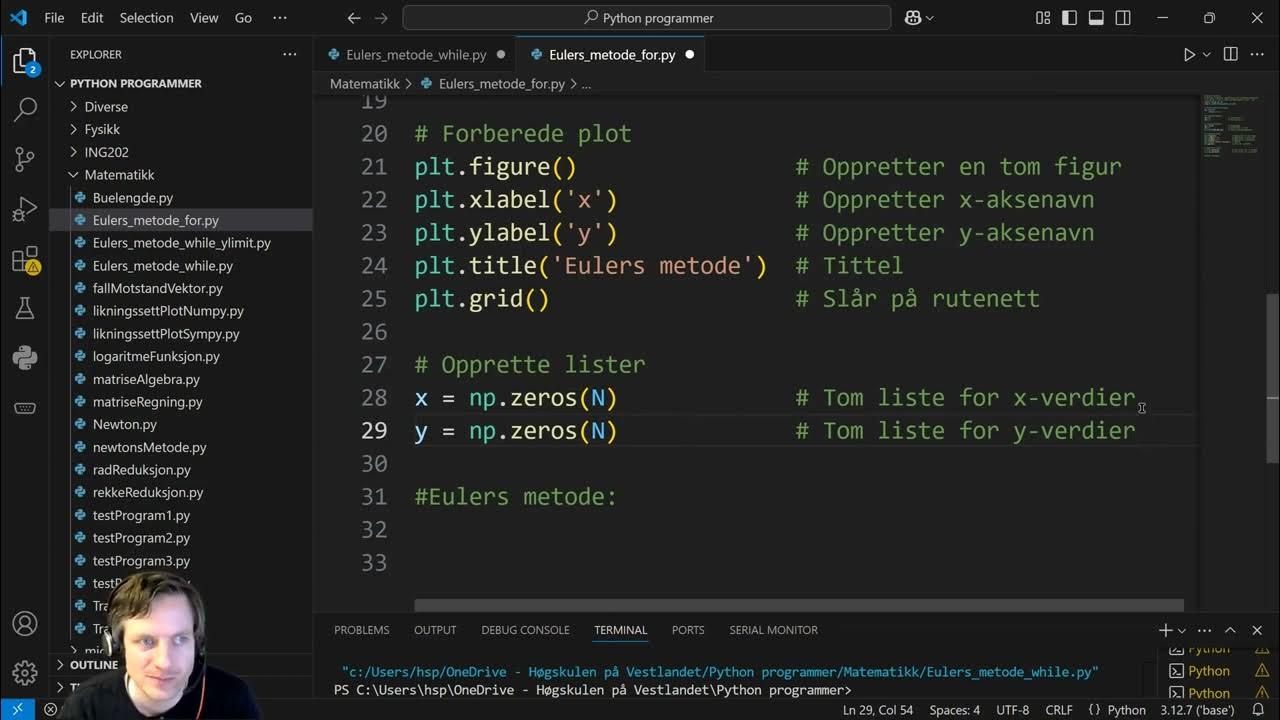 Eulers Metode i Python - For-løkke med liste/array - YouTube
