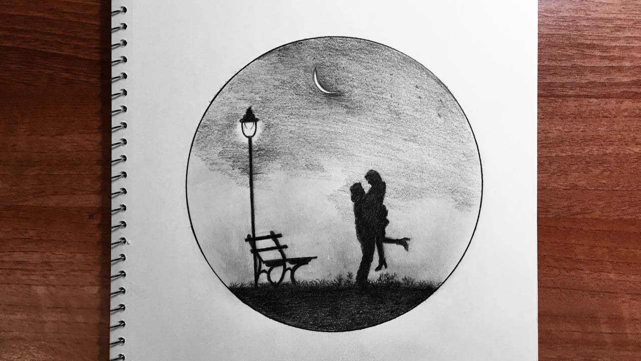 How to Draw Romantic Couple under Moonlight step by step | Draw pencil ...