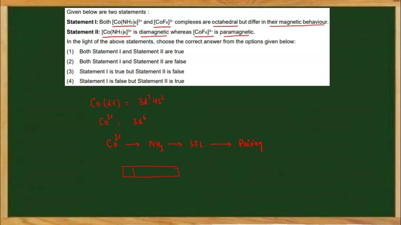 Given below are two statements :Statement I: Both [Co(NH3)6]3+ and [CoF6]3– complexes are ...