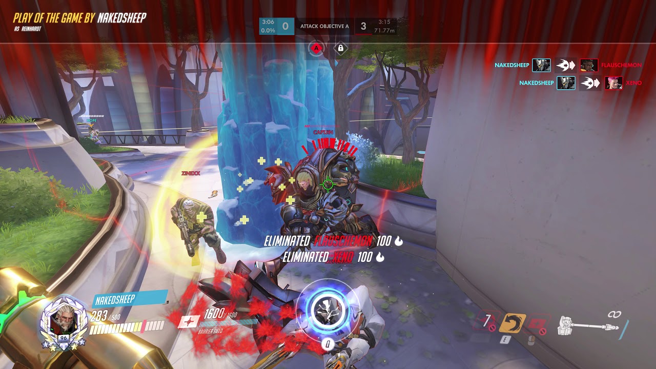 reinhardt, 1 charge, 2 boop kill, one firestrike kill, 3 shattered ...