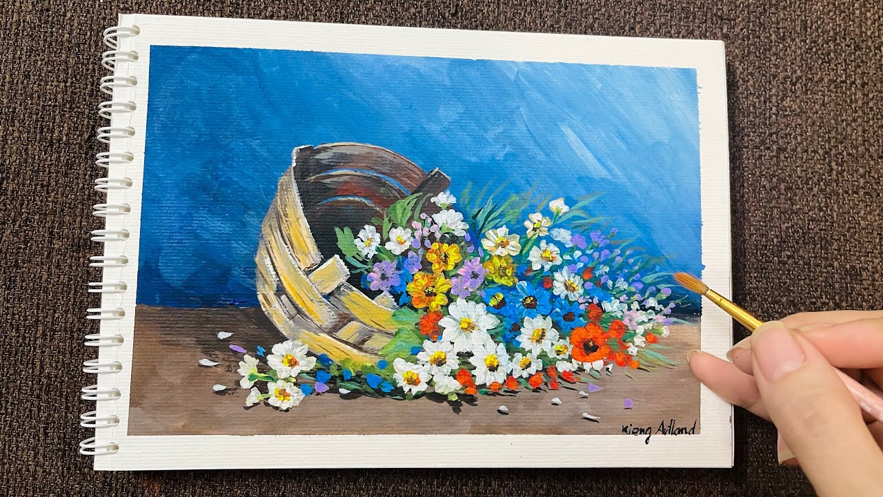 How to draw a Basket of fallen Flowers/Still life painting/longversion ...