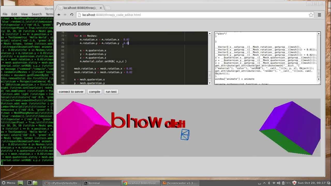 PythonJS with THREE.js editor prototype - YouTube