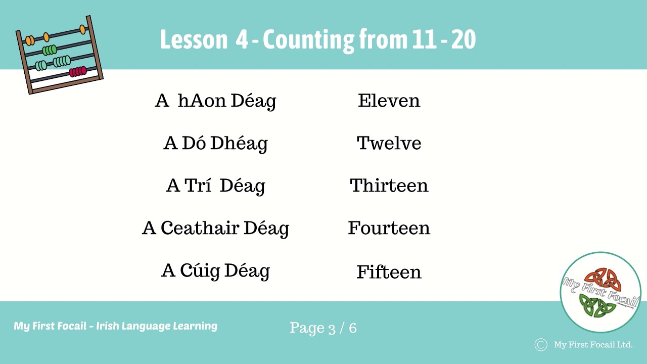 How To Count From 11 - 20 in Irish - As Gaeilge - My First Focail ...