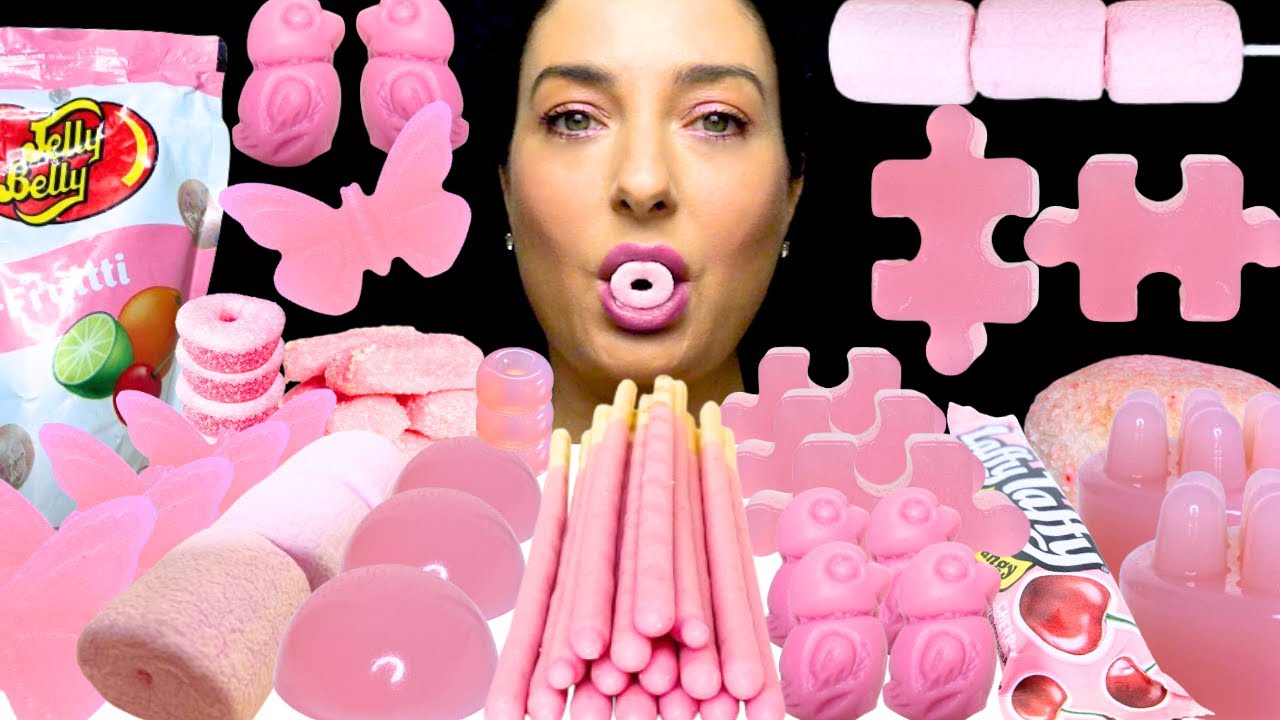 ASMR PINK FOOD, MARSHMALLOW LOLLIPOP, LAFFY TAFFY, CANDY, POCKY, CREAM ...