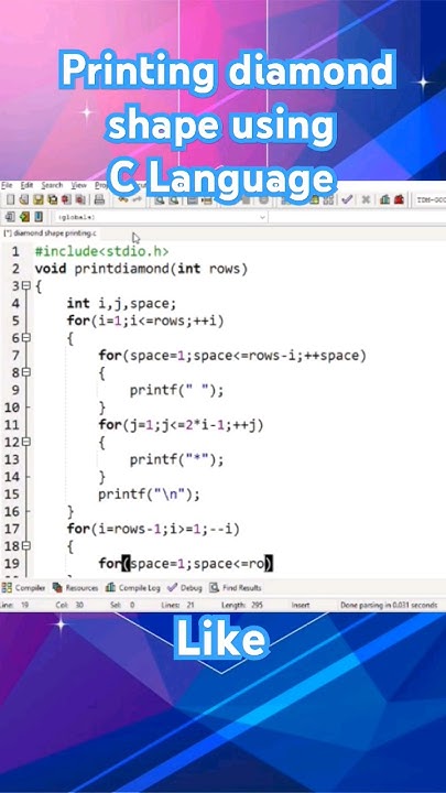 Printing diamond shape using C Language - YouTube