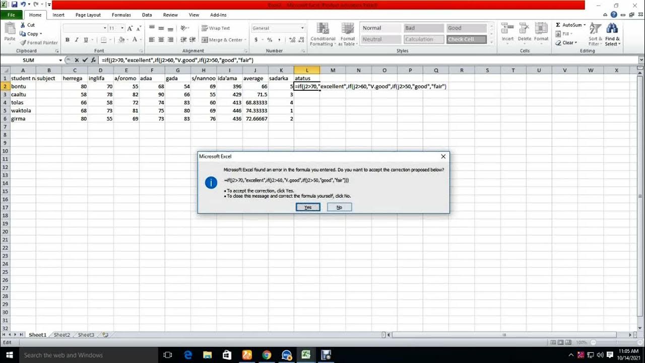 /MS Excel - Student Mark Sheet Calculation Sum, Average, Rank, Pass Fail, Status - YouTube