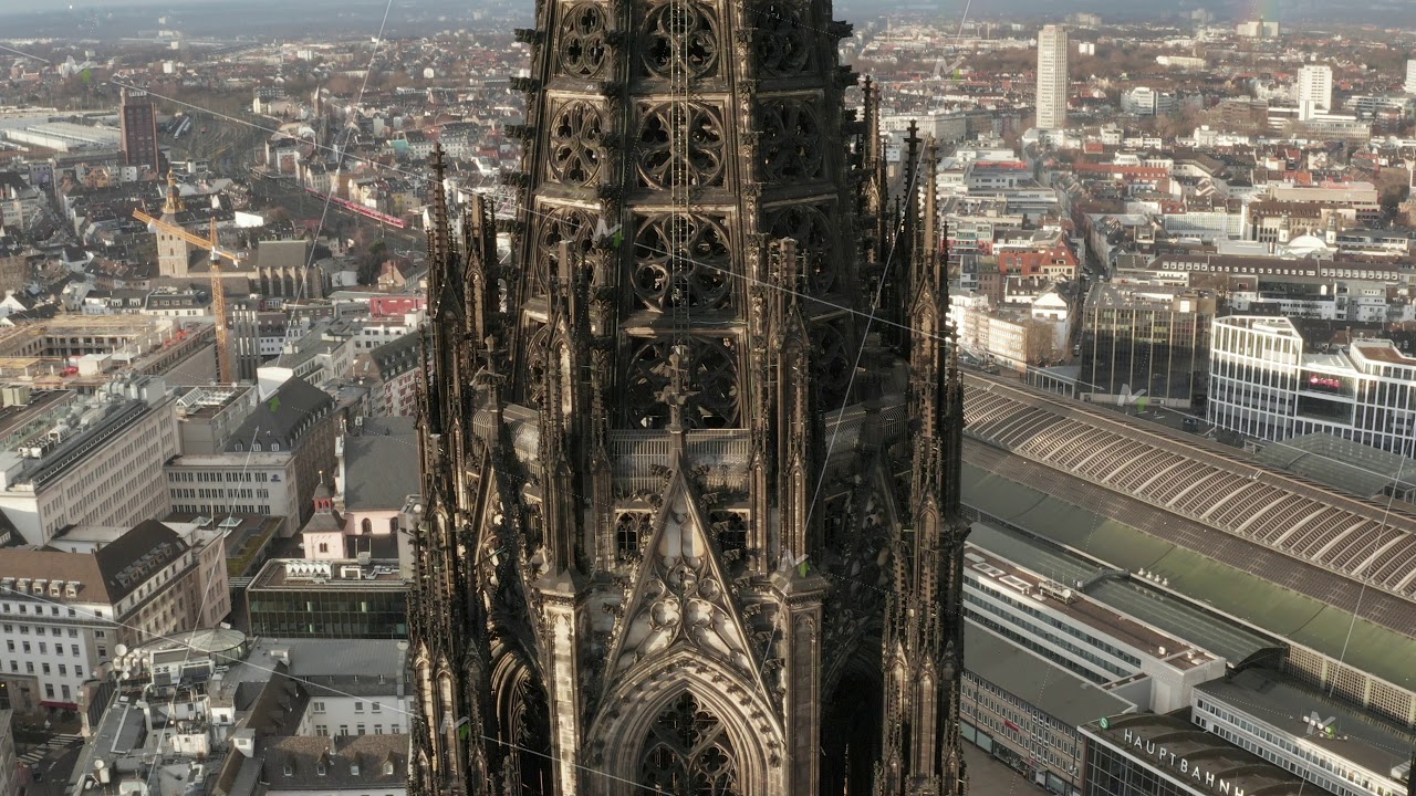AERIAL: Super Detail Close Up of Cologne Cathedral brown Towers in ...