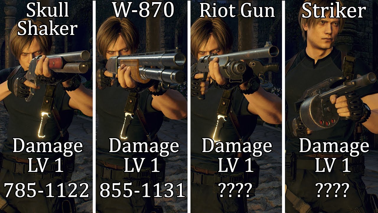 Resident Evil 4 Remake - All Shotgun Damage Comparison - Level 1 & Max ...