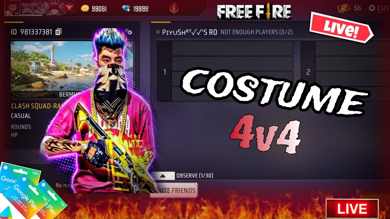 FREE FIRE LIVE CUSTOM ROOM 4v4 COSTUME FF LIVE TEAM COD |#freefirelive ...