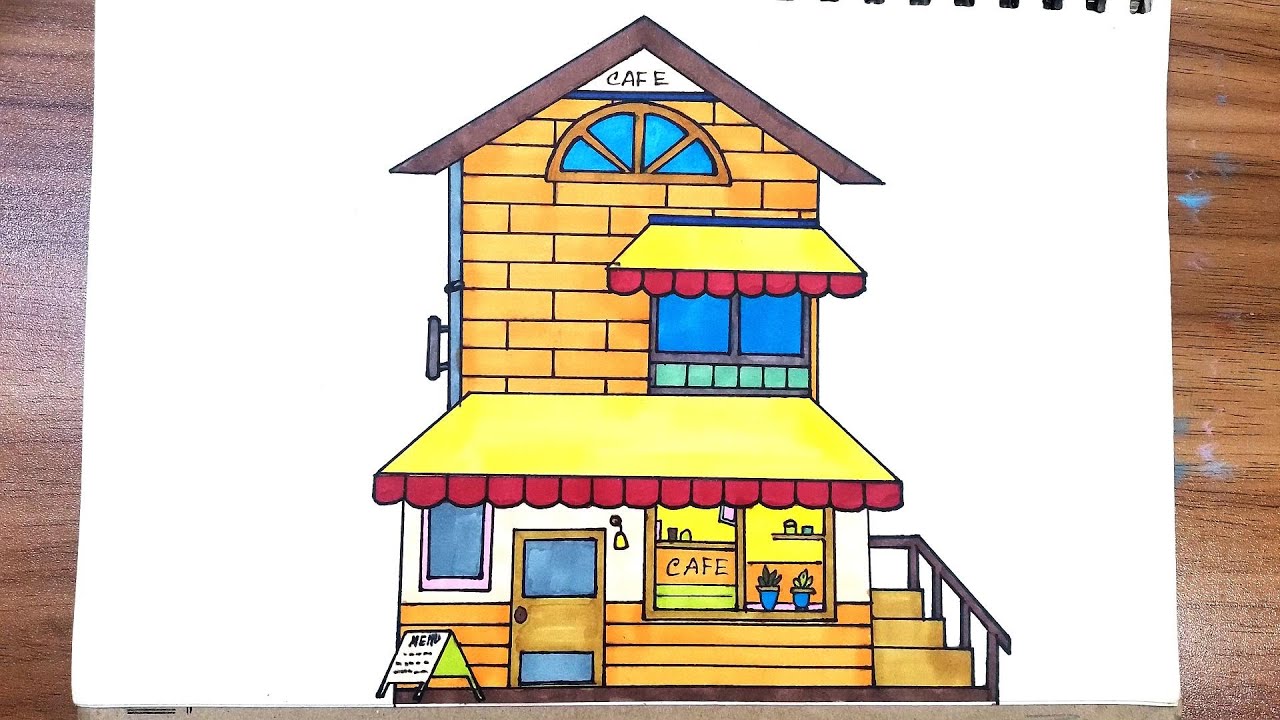 Coffee shop drawing | coffee shop drawing with colour | drawing a cafe ...
