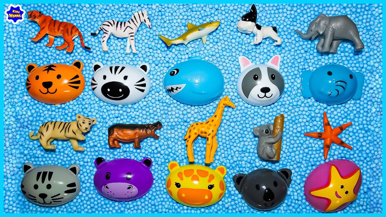 Animal Toys Play In a Ball Pit | Tiger Zebra Doggie Giraffe Elephant ...