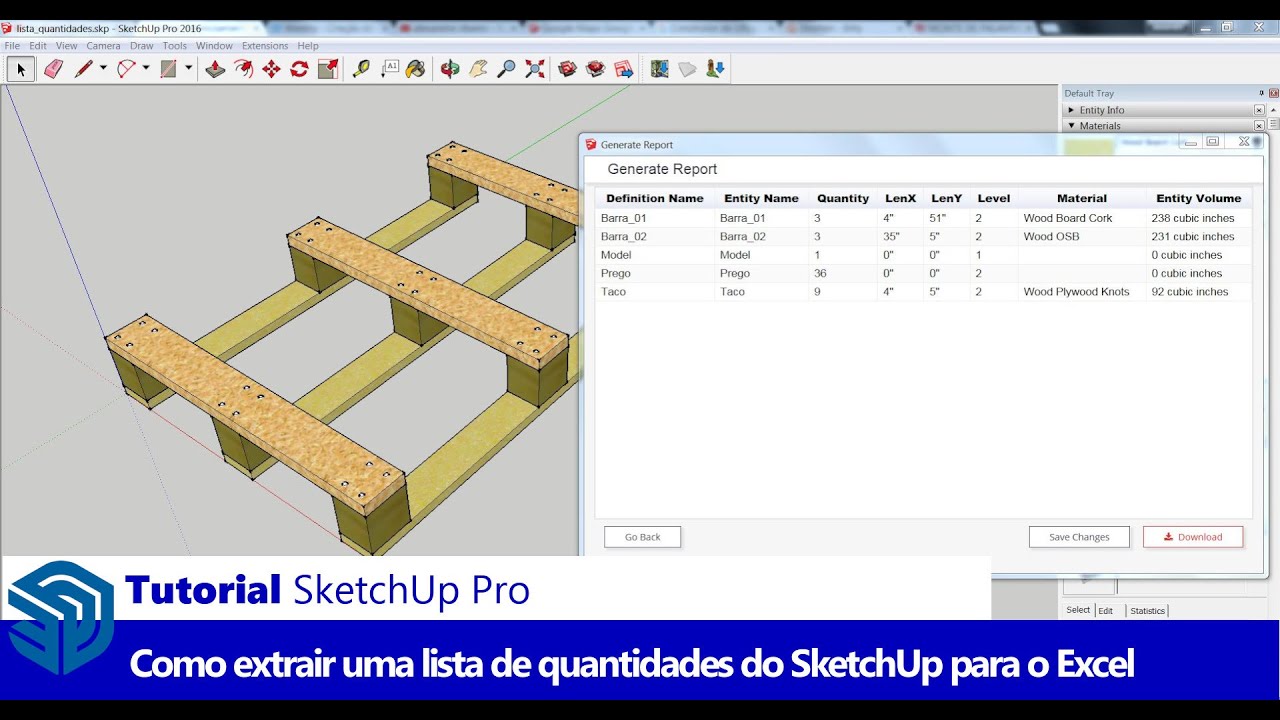 Como extrair uma lista de quantidades do SketchUp para o Excel - YouTube