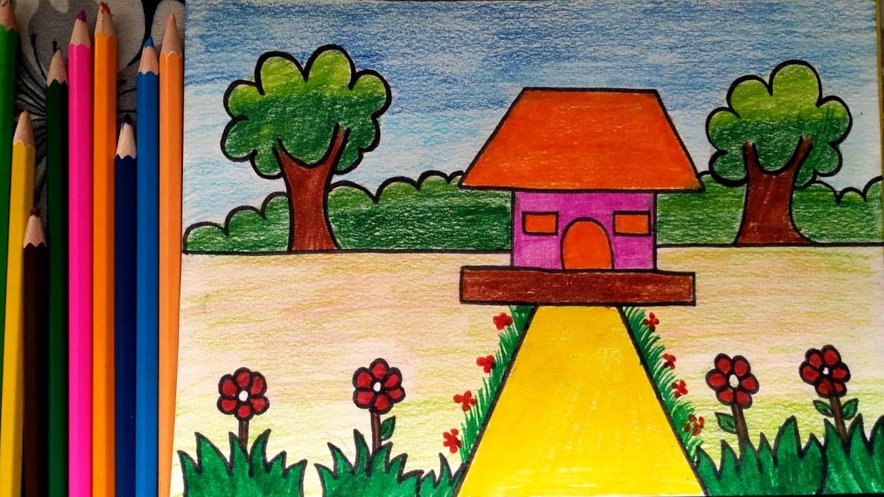 Very Easy House Scenery Drawing | How to Draw aw Scenery Step by Step ...