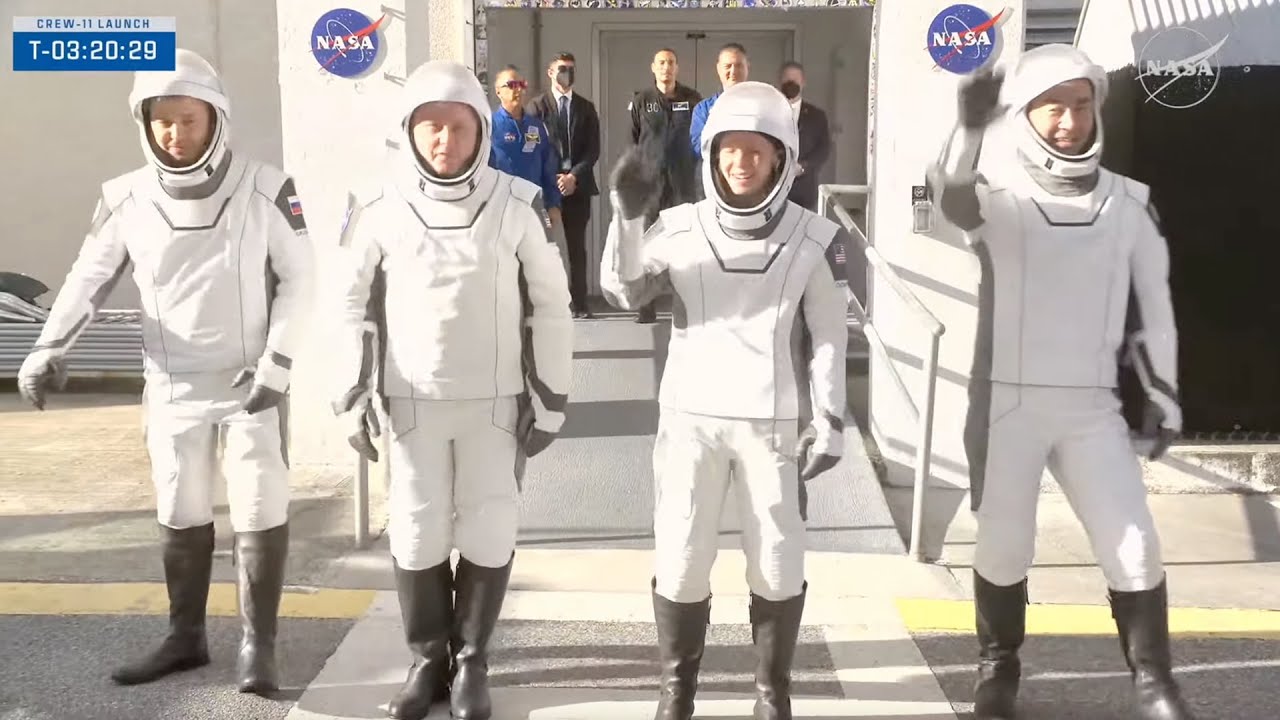 Take 2! NASA's SpaceX Crew-11 walks out for pre-launch Tesla ride to ...