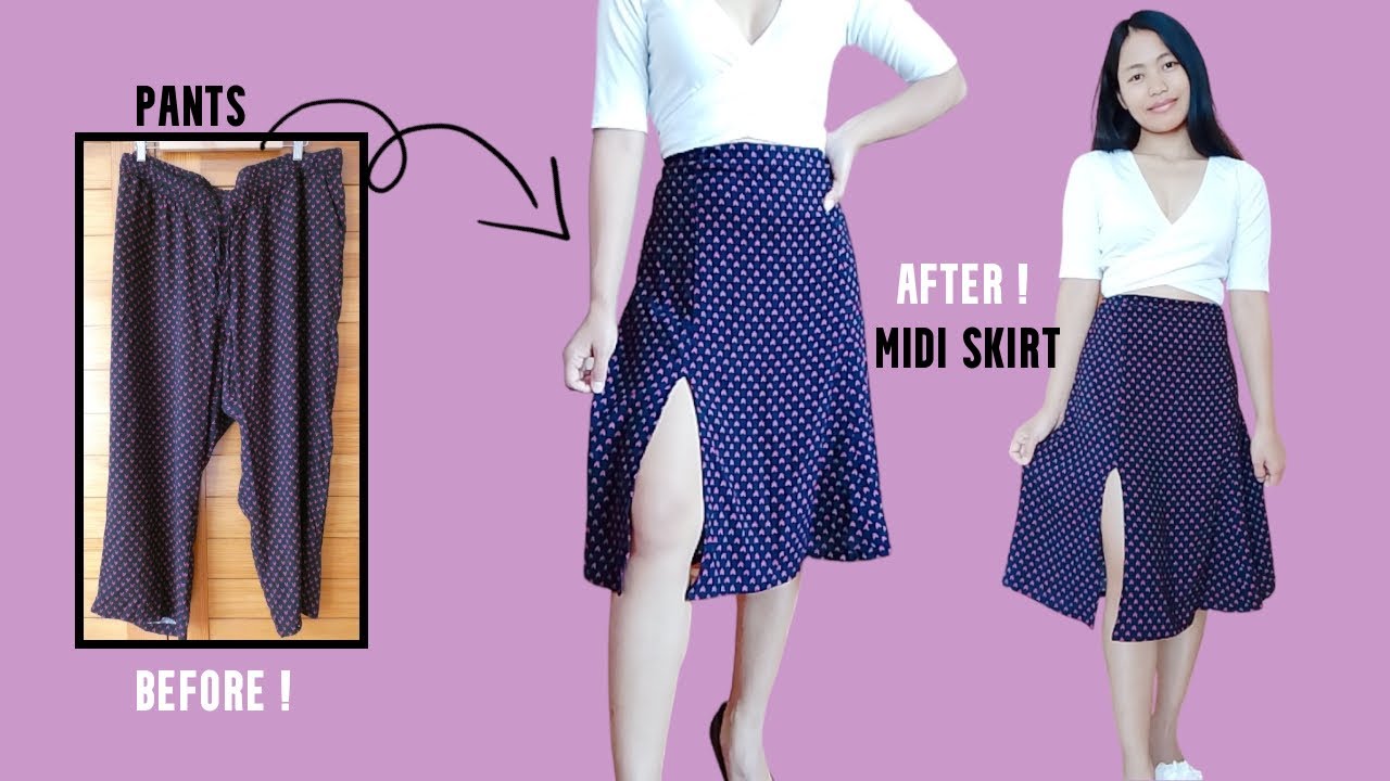 DIY Midi skirt with slit out of pants | How to make a simple midi skirt ...