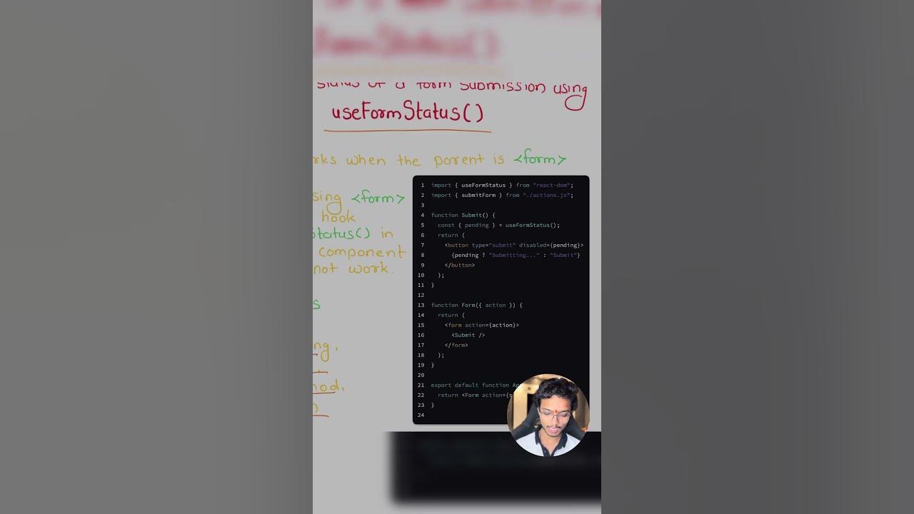 Reading the status information of forms using useFormStatus hook 🪝 in ReactJS - YouTube