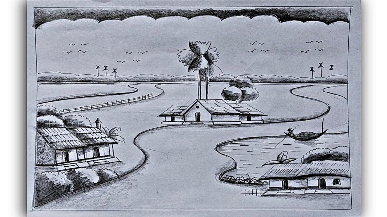 Village scenery//Pencil house drawing//Pencil shading - YouTube
