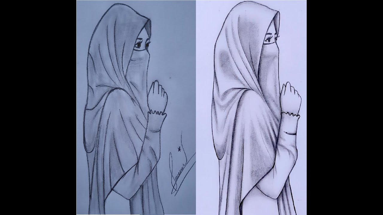 A girl with hijab ,, Pencil sketch ,, farjana drawing academy VS my copy - YouTube