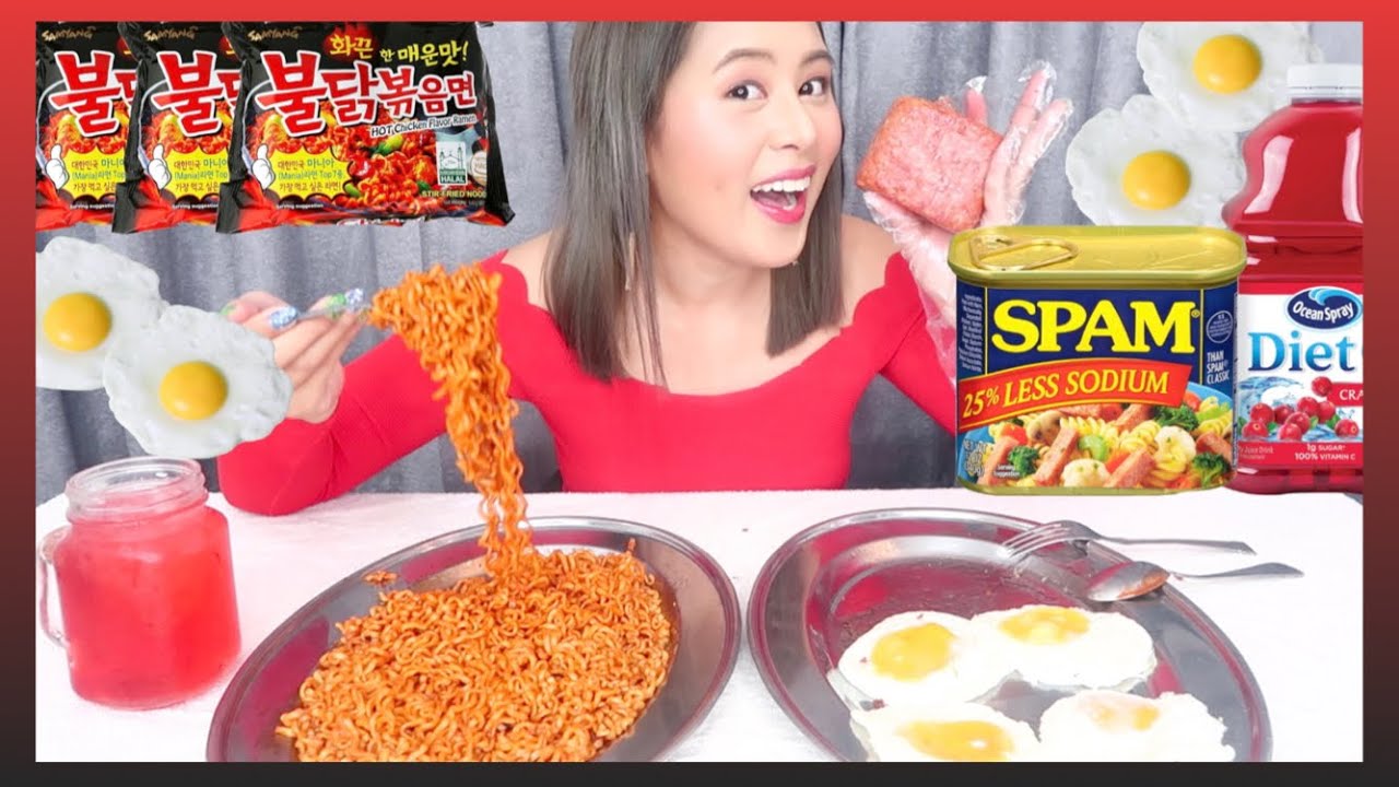 SAMYANG SPICY NOODLES MUKBANG 🔥 + GIANT SPAM + SUNNY SIDE UP EGGS 🍳 ...