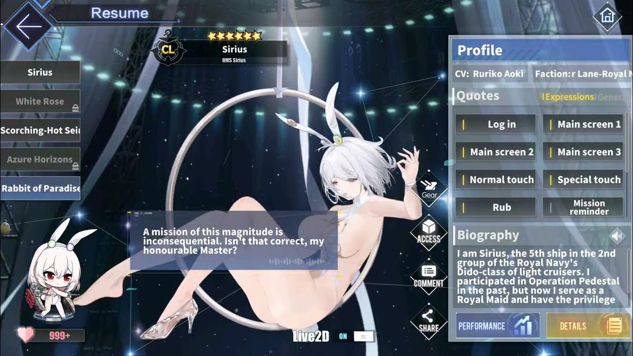 Azur Lane: New HMS Sirius L2D Skin Talk & Move [Rabbit of Paradise] Ver 3 - YouTube