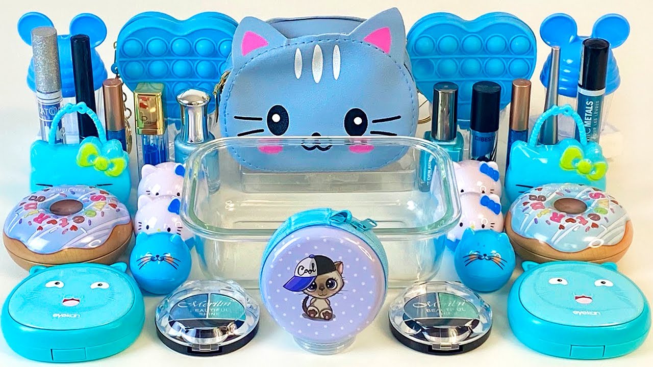 ASMR Slime Mixing ”BLUE” 💙💦💤 makeup, Eyeshadow, glitter into slime ...