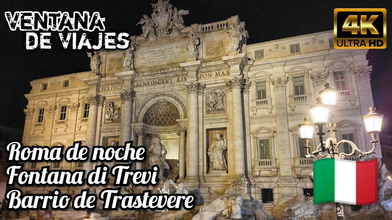 Roma de noche. La Fontana di Trevi y la piazza Trilussa en el Barrio de ...