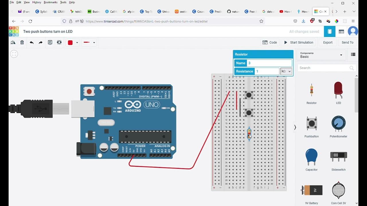 Circuit design Two push buttons turn on LED Tinkercad - YouTube