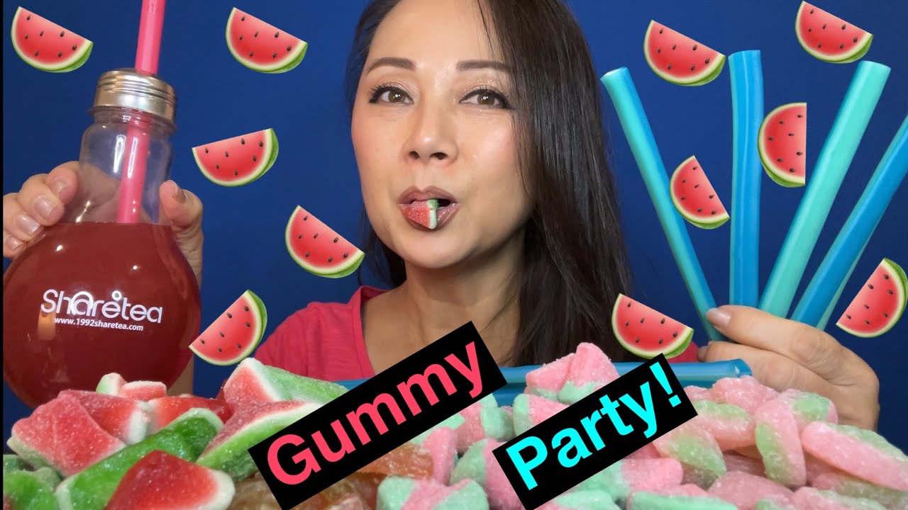 ASMR EATING WATERMELON GUMMY PARTY! REVIEWING CHEWY CANDY #먹방 #캔디 - YouTube