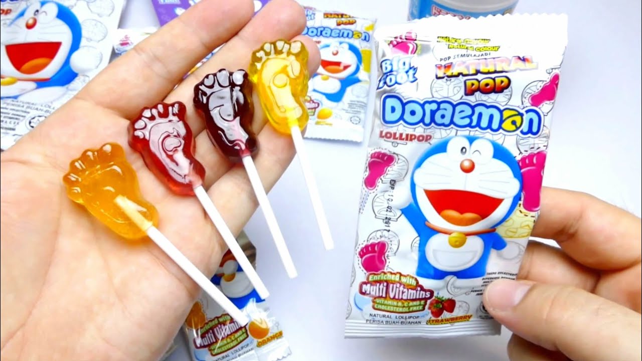 Doraemon Bigfoot Rainbow Lollipop & Cup Chocolate from Japan - YouTube