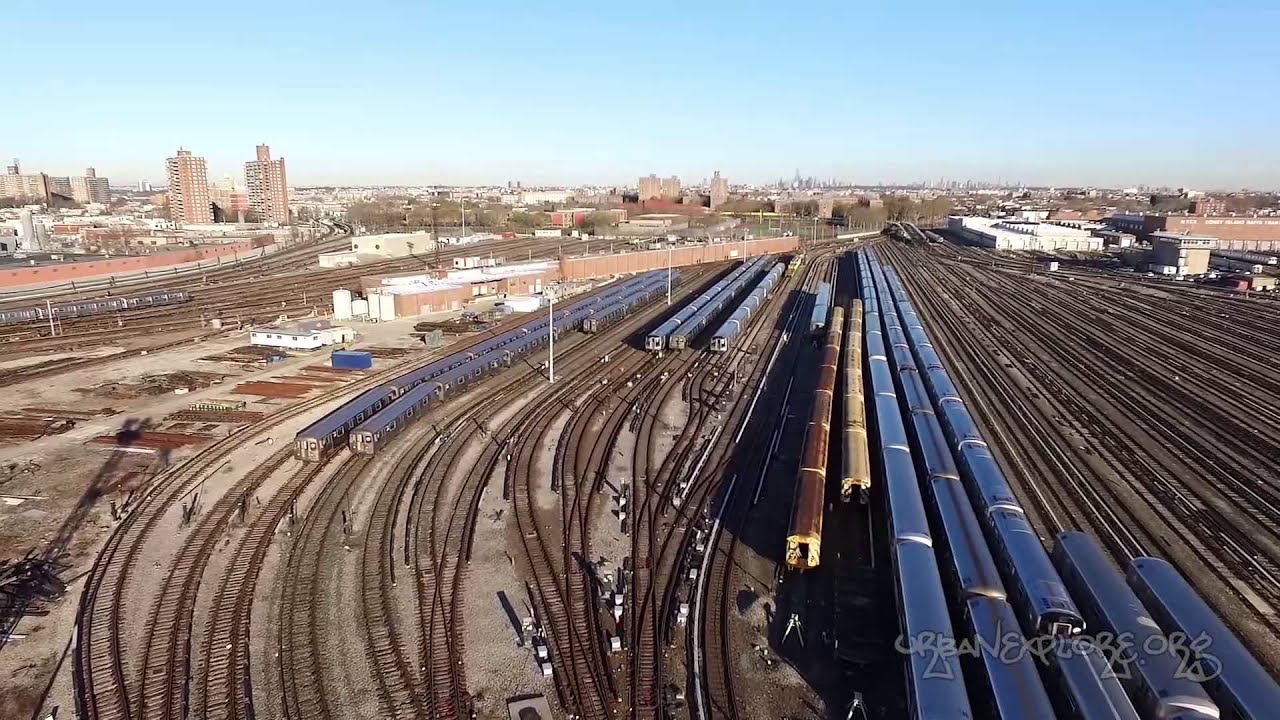NYC Brooklyn MTA Subway Yard - drone aerial fly over New York City ...