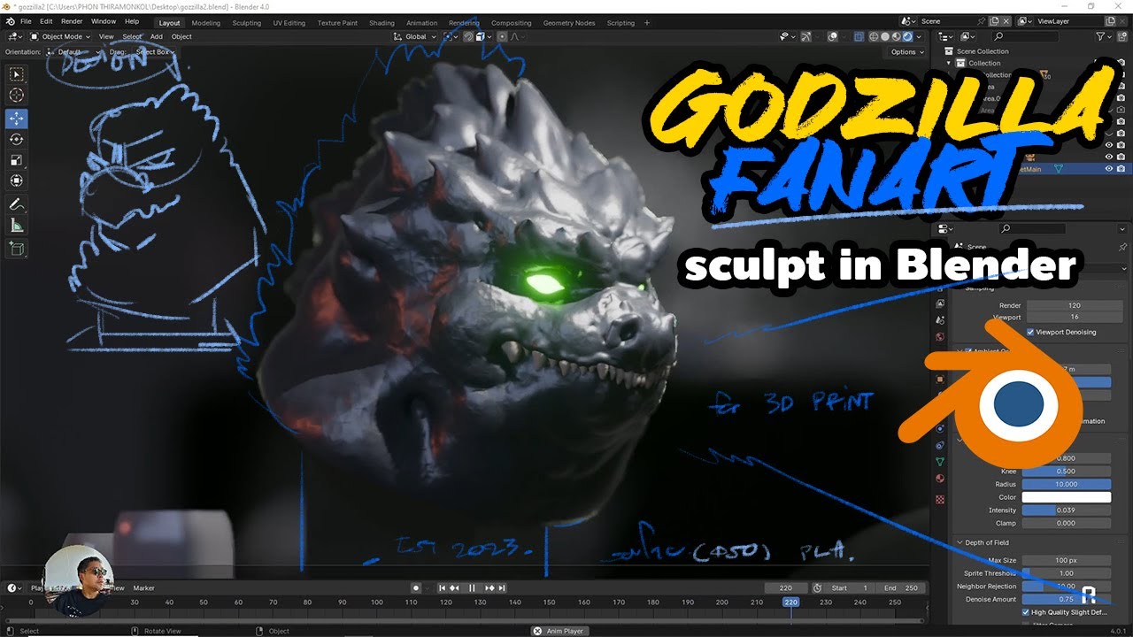 Godzilla fanart sculpt for custom 3D print using blender - YouTube