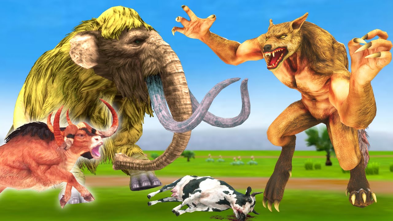 Giant Wolf Fights Mammoth Elephant Save Cartoon Cows Big Bull VS Wolf ...