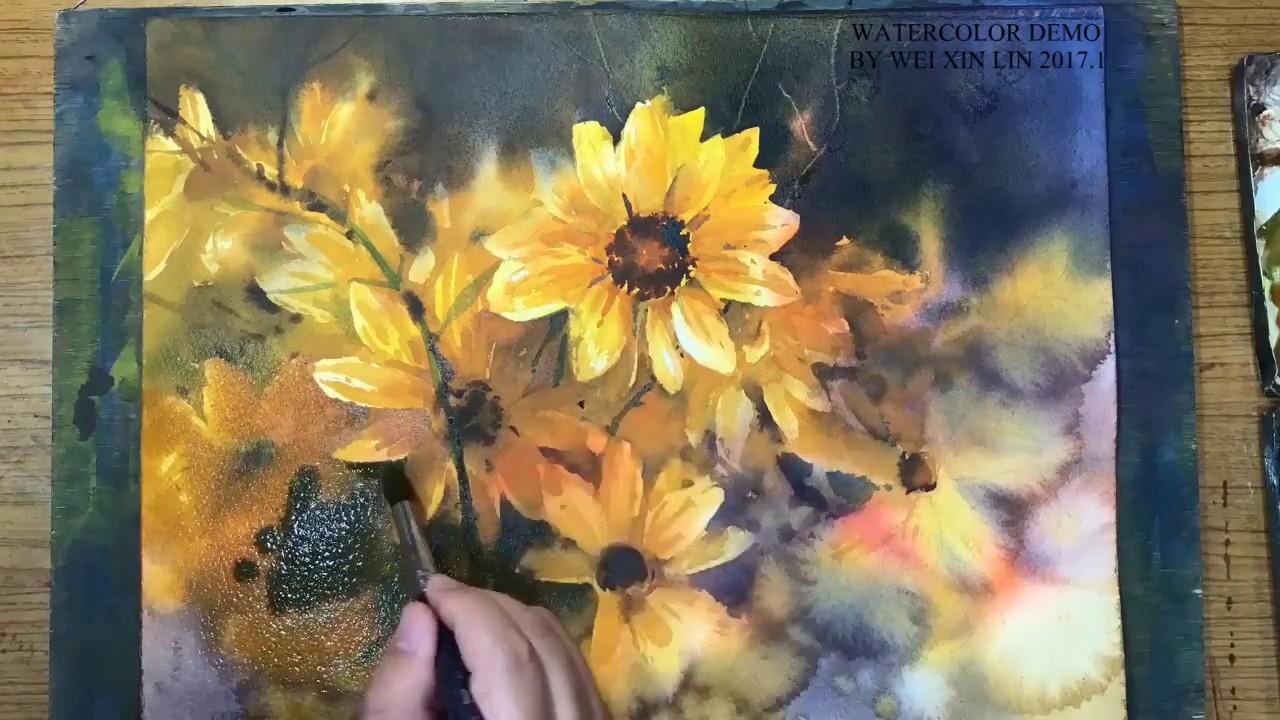 WEI XIN LIN Watercolor Demo 水彩示範 菊與水漬 2017.1 - YouTube