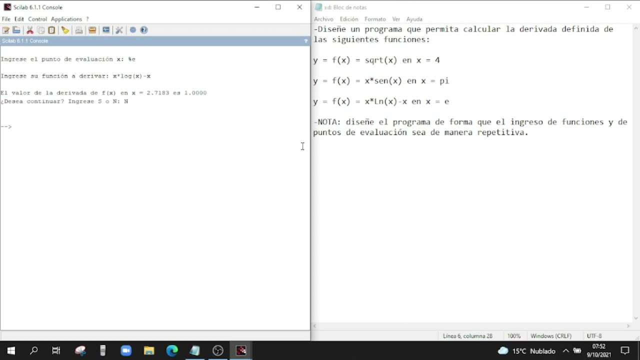 Programación en Scilab. Ejercicio 13. Comandos "deff" y "numderivative". Derivadas definidas ...