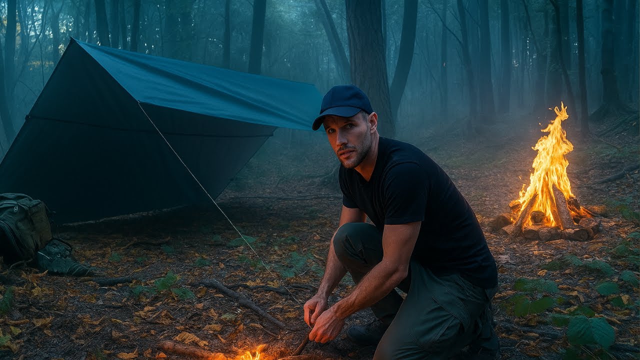 Survival Camping Alone | Forest Tarp Shelter & Campfire - YouTube