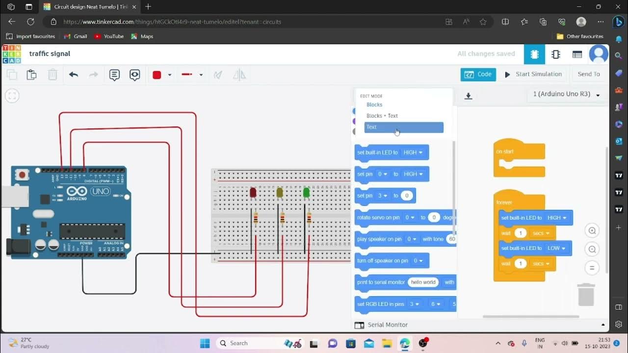 TRAFFIC SIGNAL LIGHT 3 LED BLINK USING ARDUINO UNO - TINKERCAD - YouTube