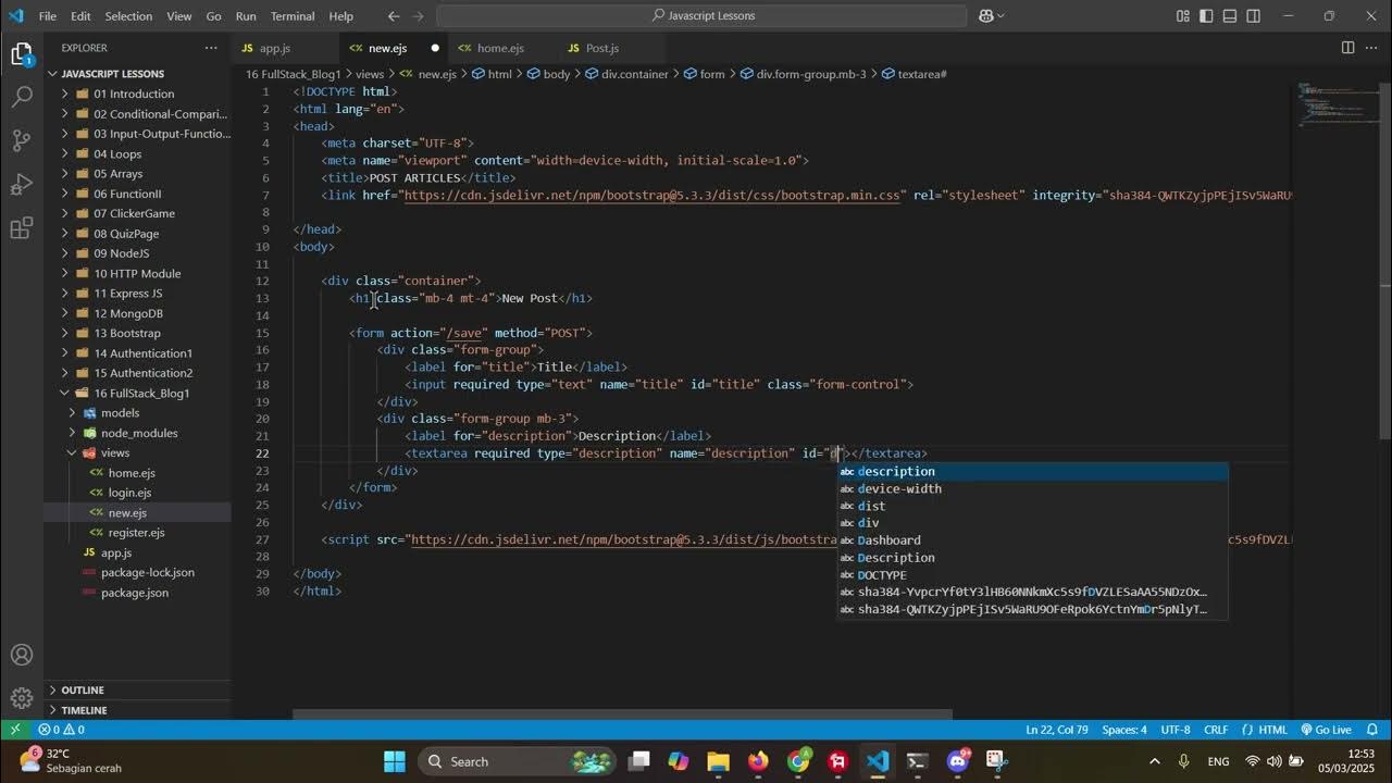 JS Fullstack Blog I (Part 5 - New Post Page) - YouTube