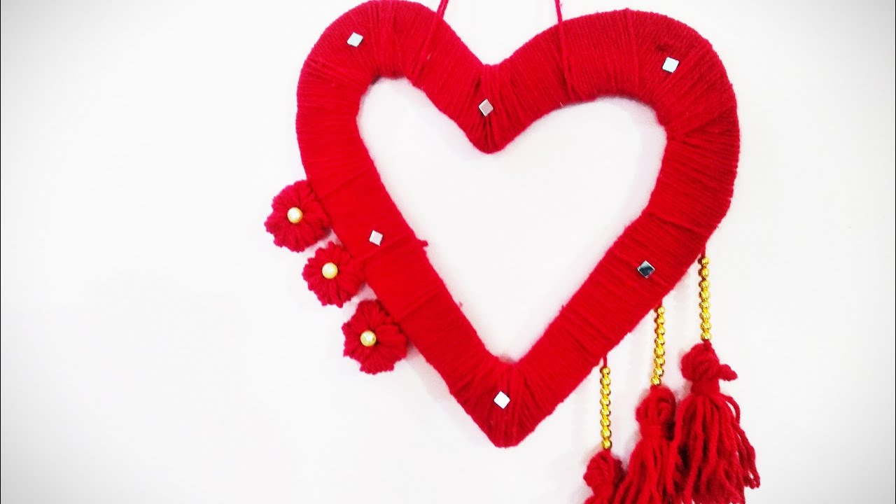 red color heart shape diy woolen craft making at home using waste - YouTube