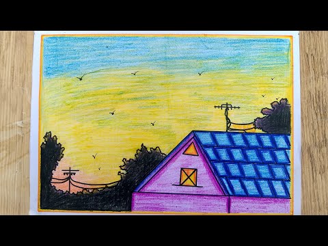 Beautiful evening view drawing easy ||Pencil drawing || House ,Tree ...