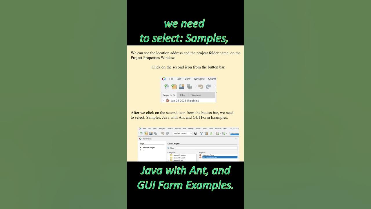 Click the Second Button from the Taskbar to Select... Samples, Java with Ant, and GUI Form ...
