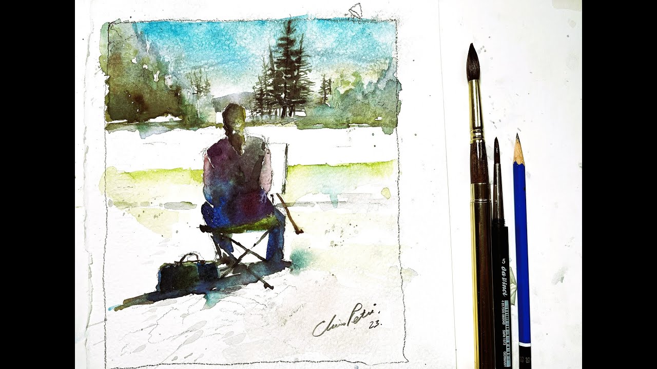 Female Watercolor Artist Painting in a Seated Chair Pose with Nature ...