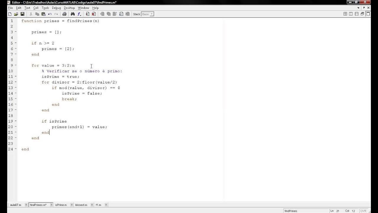 MATLAB - Aula 7 (1ª Parte): Exemplo - Números Primos - YouTube