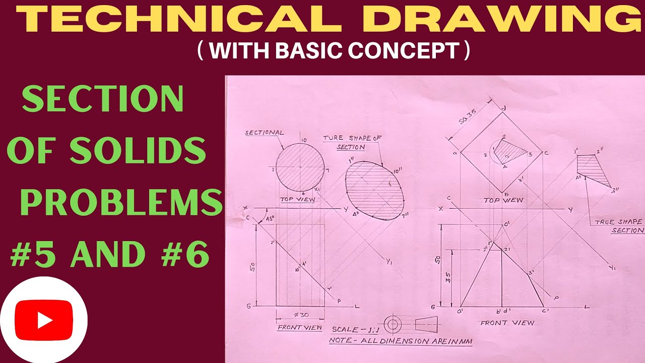 Section Of Solids Problem No.5 & 6 in Engineering Drawing.#Section of ...