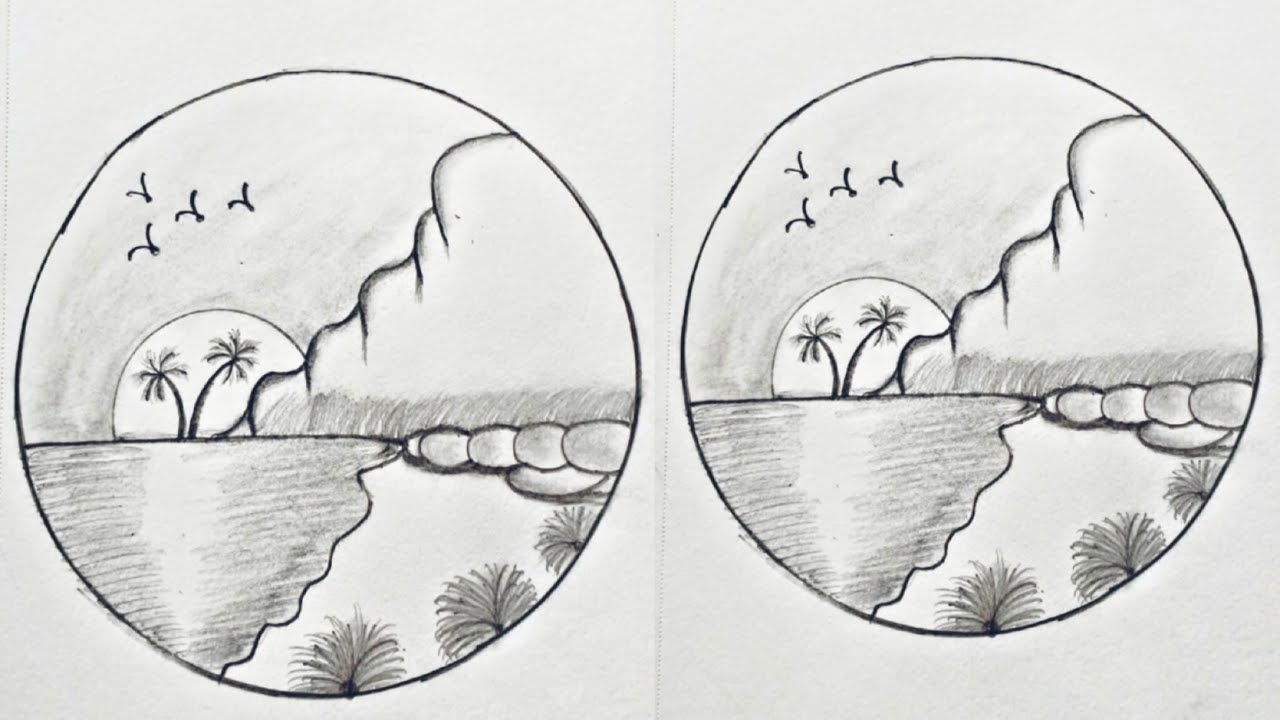 How to create a beautiful sunset scenery//circle scenery//pencil sketch ...