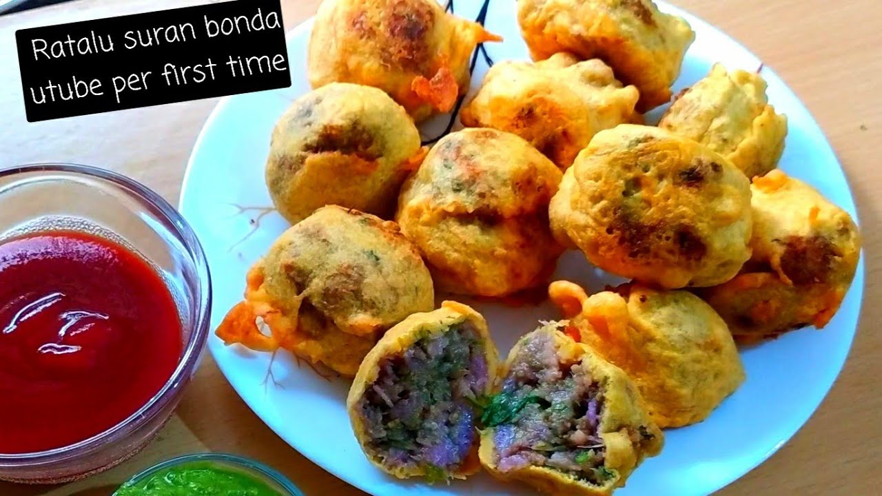 Jimikand ratalu recipe , Yam pakoda , Purple yam pakoda , Ratalu suran ...